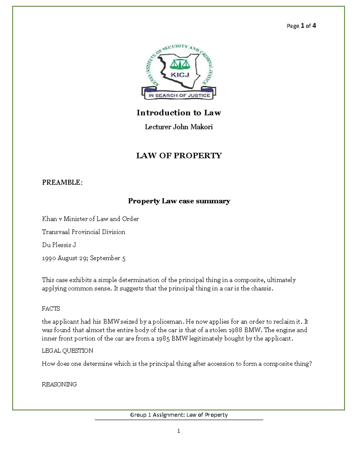 LAW OF Property Introduction TO LAW Class Study - Introduction to Law ...