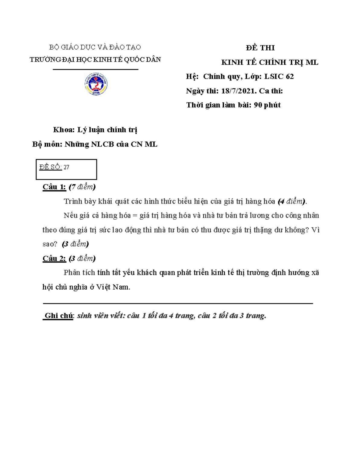 ĐỀ Thi Ktct LỚp Lsic 62 ĐỀ Thi Ktct LỚp Lsic 62 BỘ GiÁo DỤc VÀ ĐÀo TẠo TrƯỜng ĐẠi HỌc Kinh