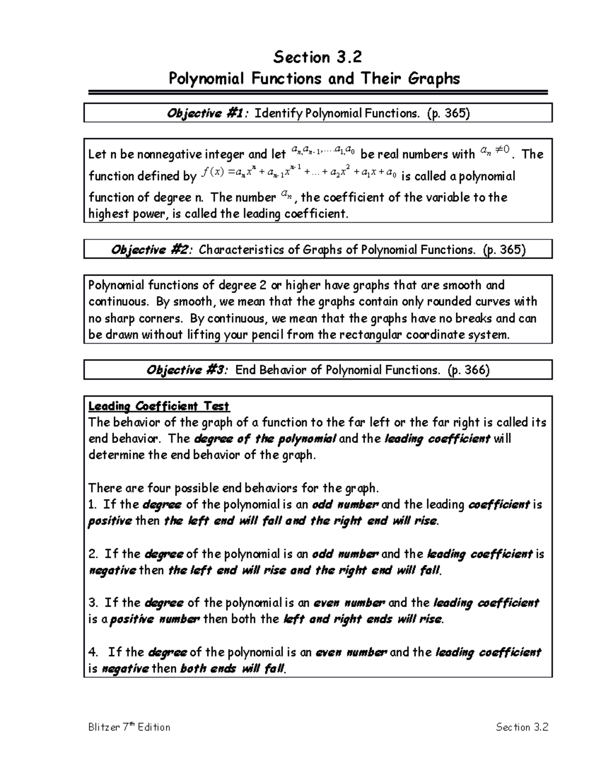 Lesson 26 -Polynomial Functions - Section 3. Polynomial Functions and ...