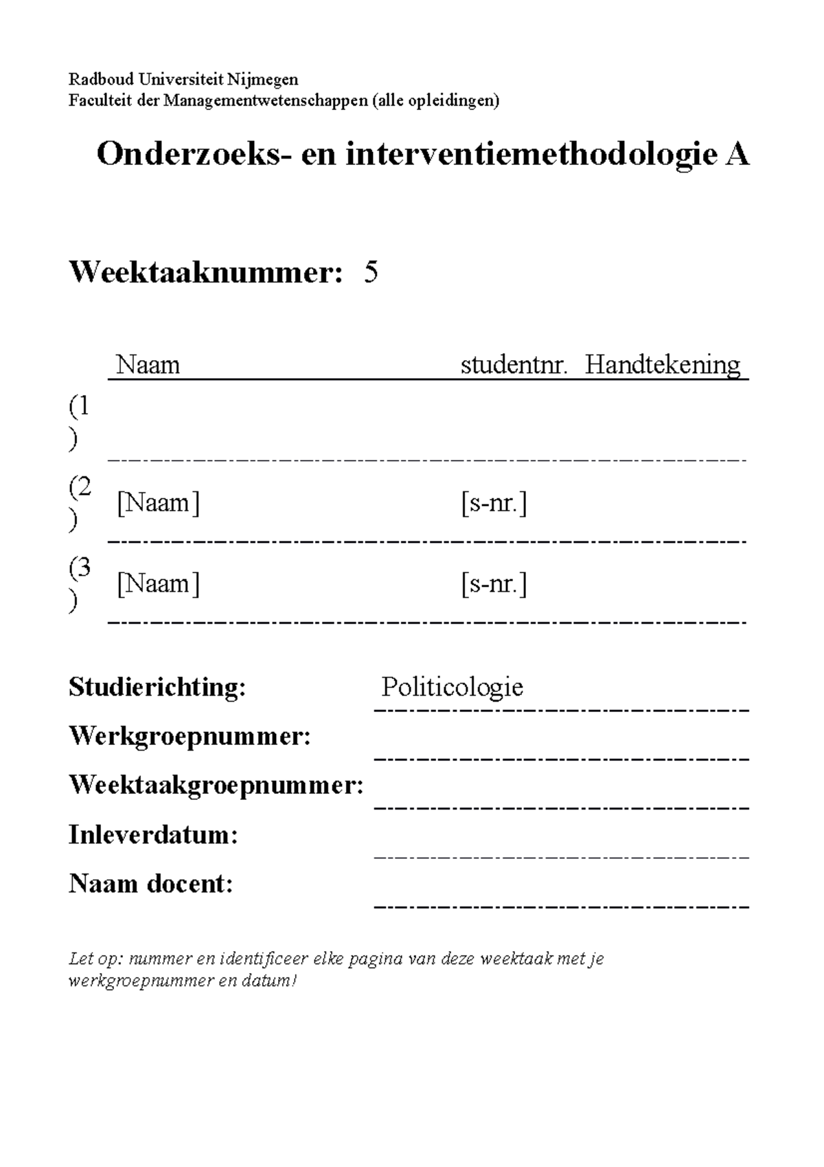 Weektaak 5 persoonlijk deel - Radboud Universiteit Nijmegen Faculteit ...