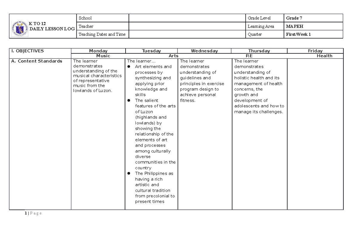Mapeh week1 - K TO 12 DAILY LESSON LOG School Grade Level Grade 7 ...