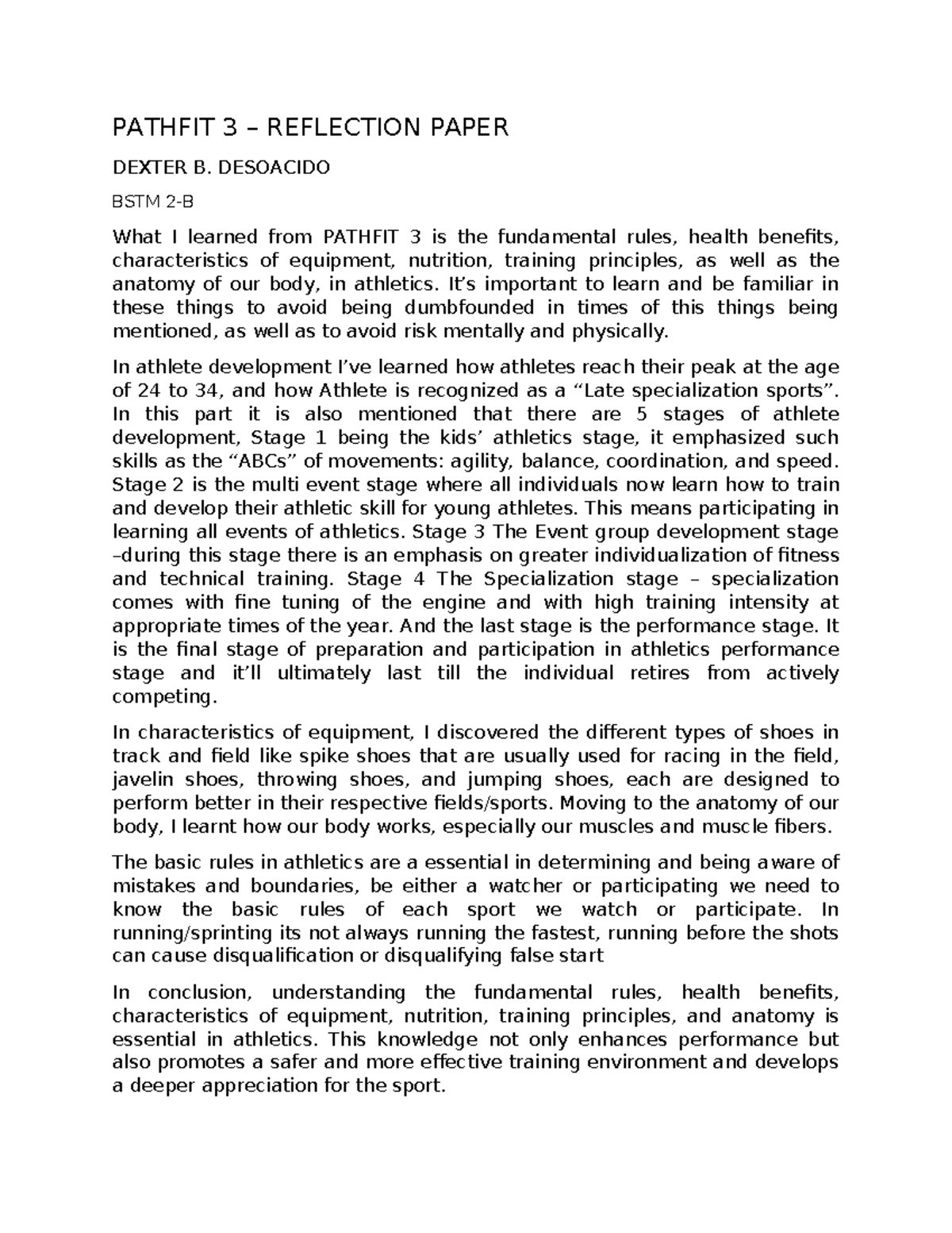 Pathfit 3 Reflection - PATHFIT 3 – REFLECTION PAPER DEXTER B. DESOACIDO ...