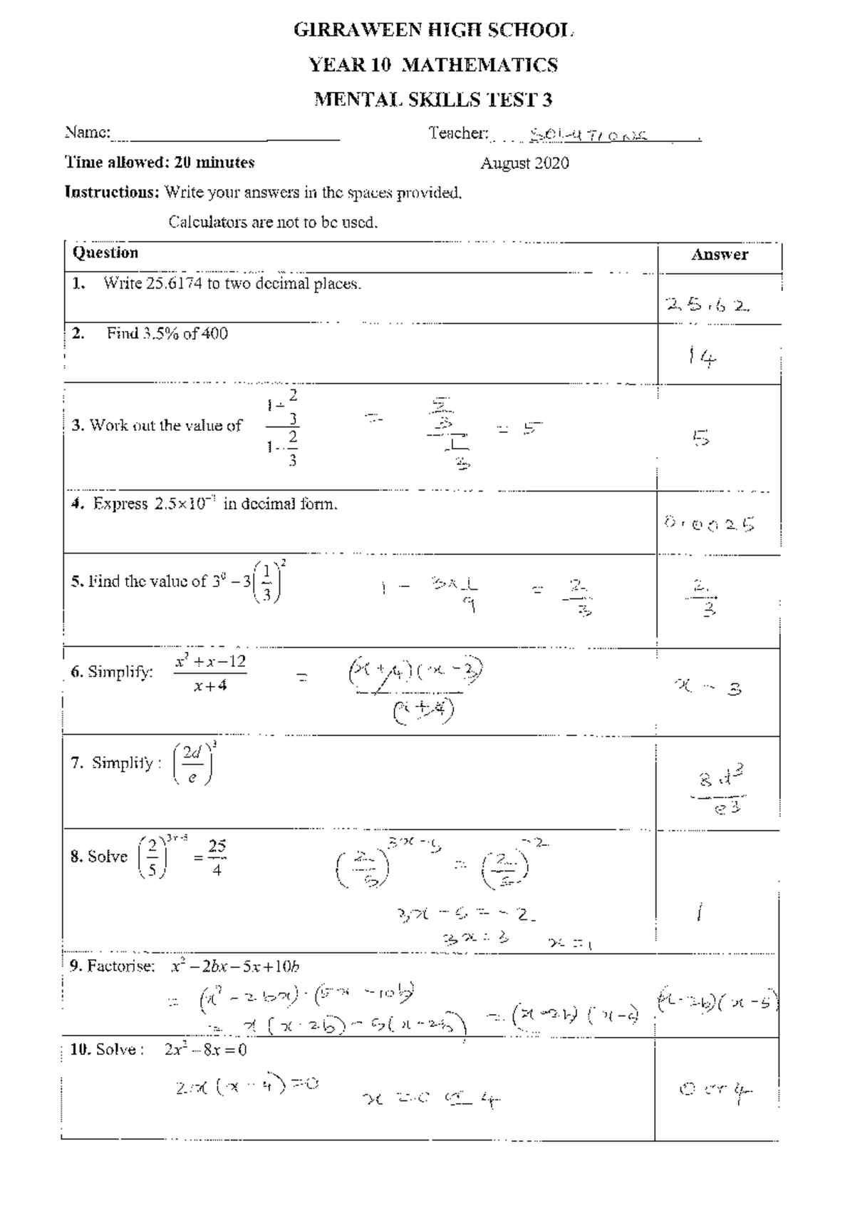 Year 10Test 3 Solutions - Studocu
