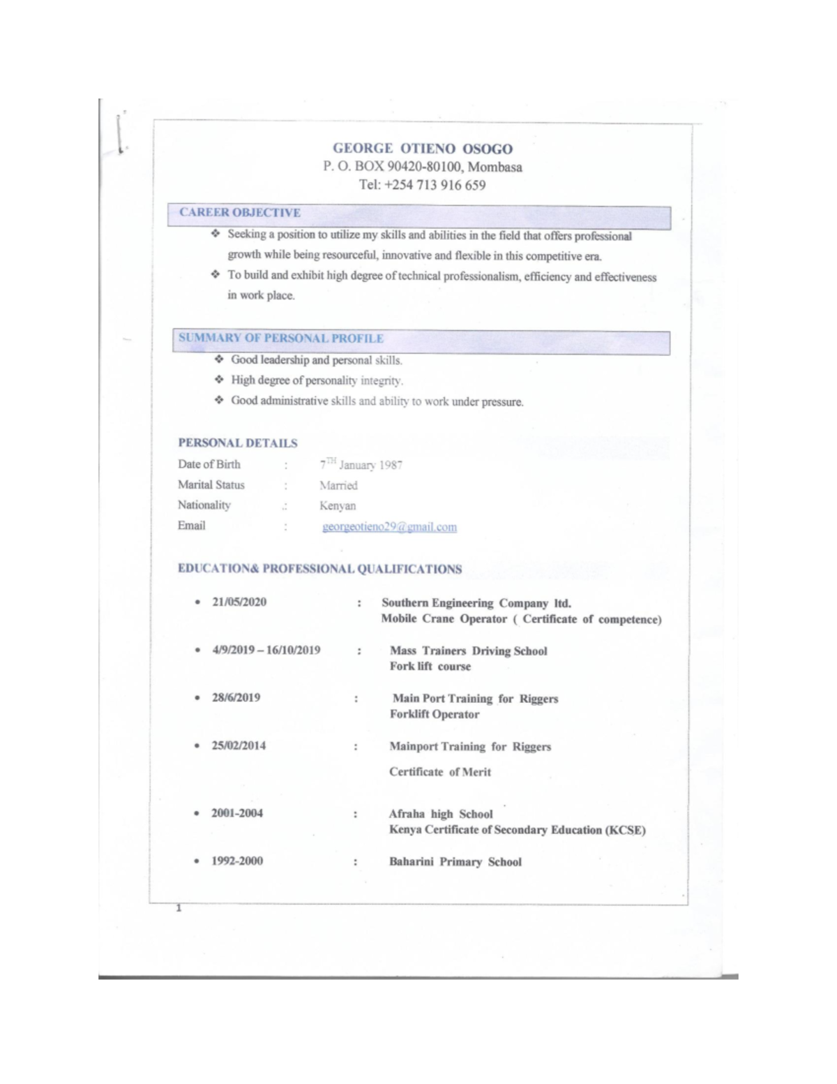 George CV AND Certificates - Bachelor Of Arts (Psychology) - Studocu