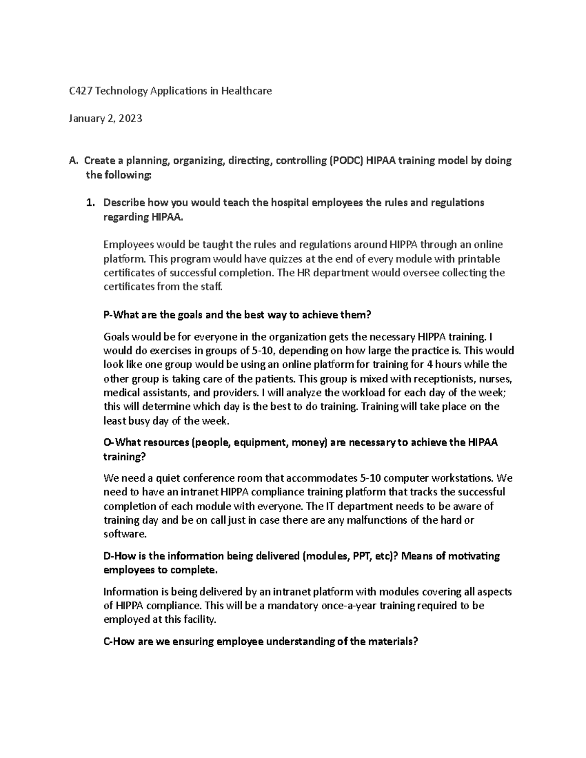 C427 PA - task 1 - C427 Technology Applications in Healthcare January 2 ...