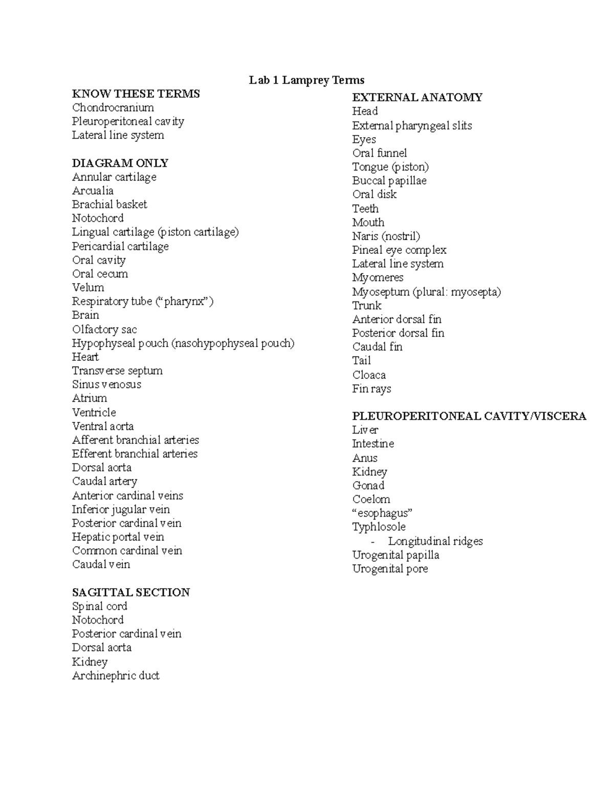 Lab 1 Terms- F23 - Lab 1 Lamprey Terms KNOW THESE TERMS Chondrocranium ...