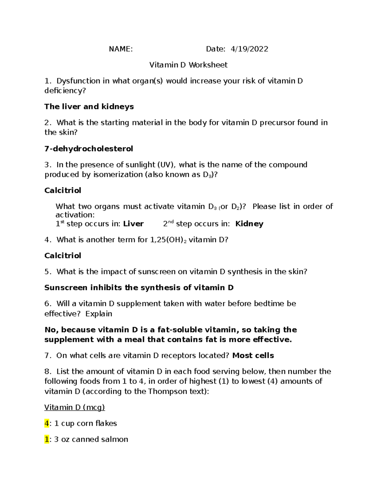 Vitamin D WS - NTD 381, Dr. Lacey; COMPLETED worksheet submitted for ...