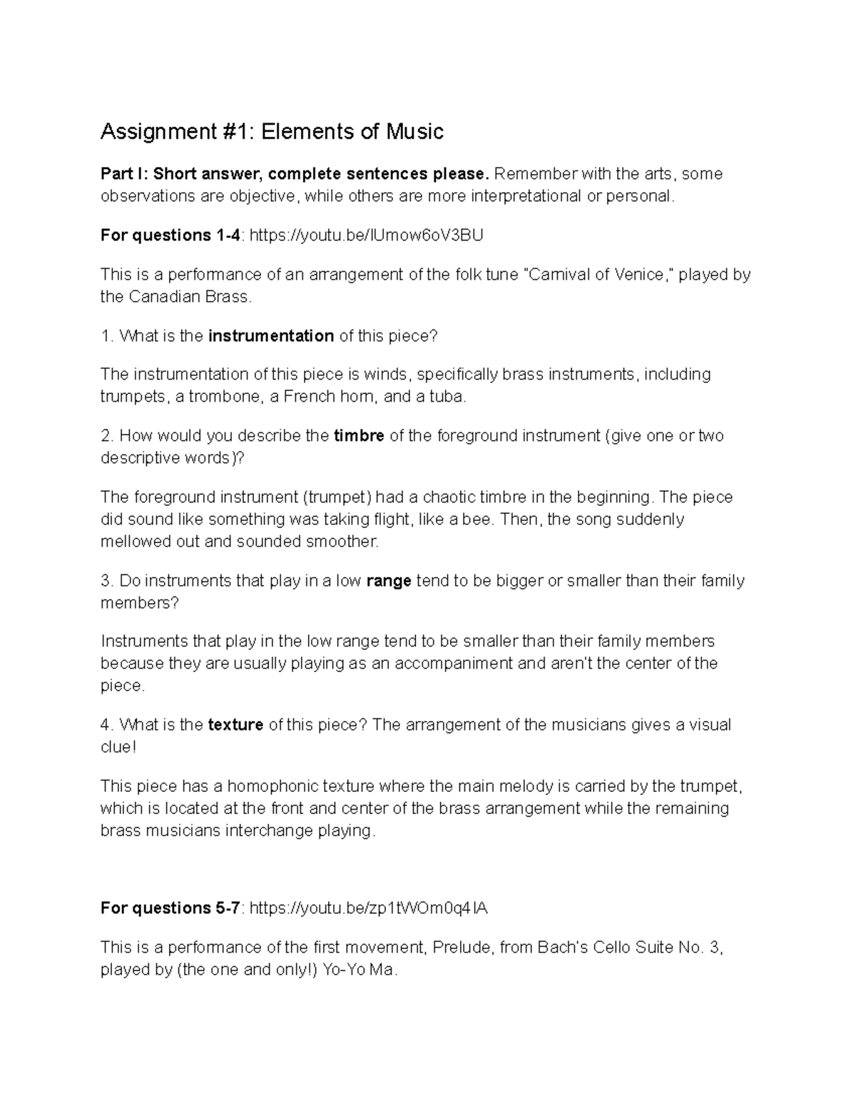 MUS 1003 Assignment 1 - Assignment #1: Elements of Music Part I: Short ...