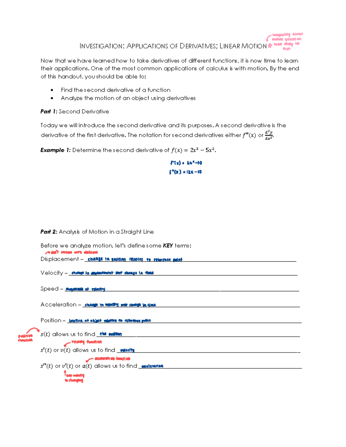 2.4a Investigating Derivatives Linear Motion - I NVESTIGATION : A ...