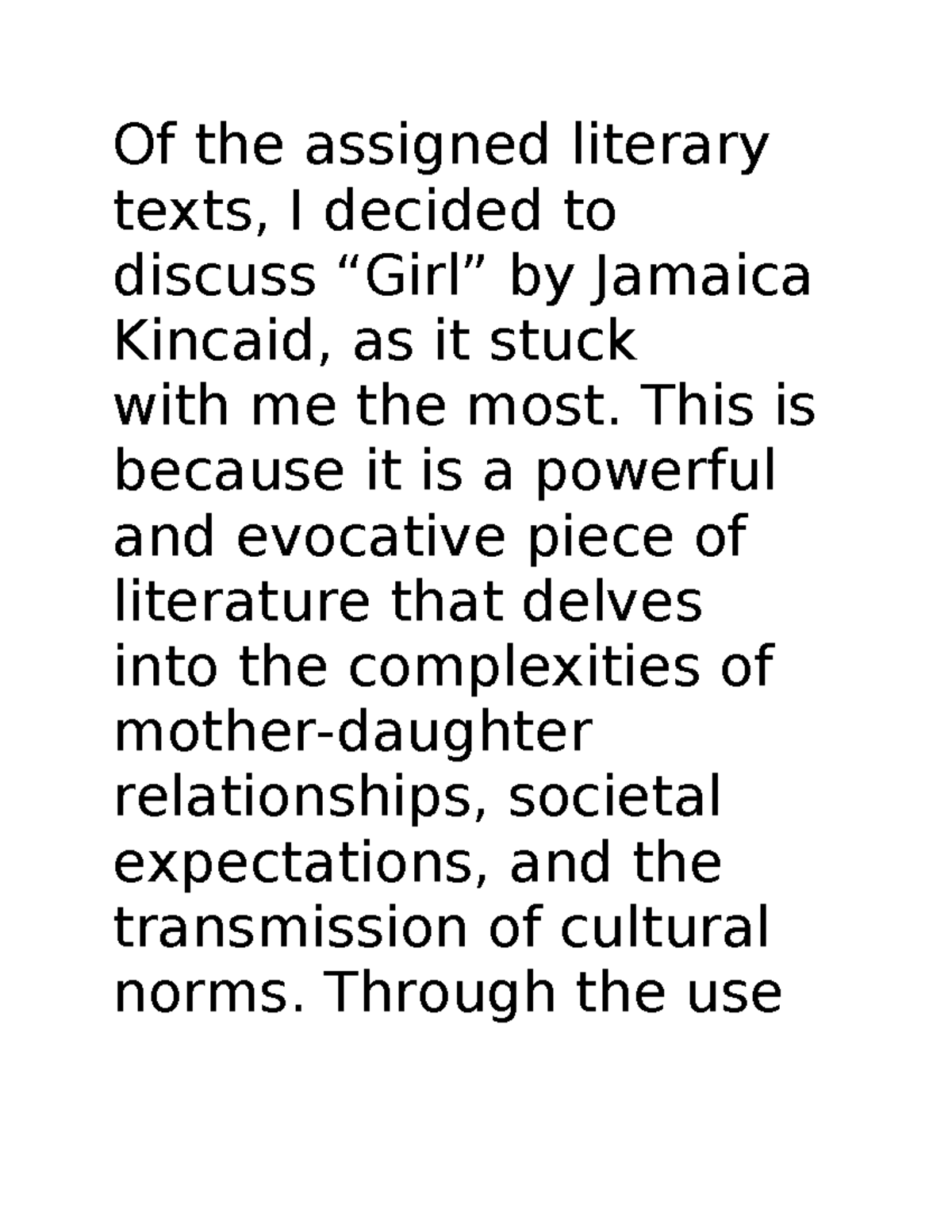 1-2 Journal - Of the assigned literary texts, I decided to discuss ...