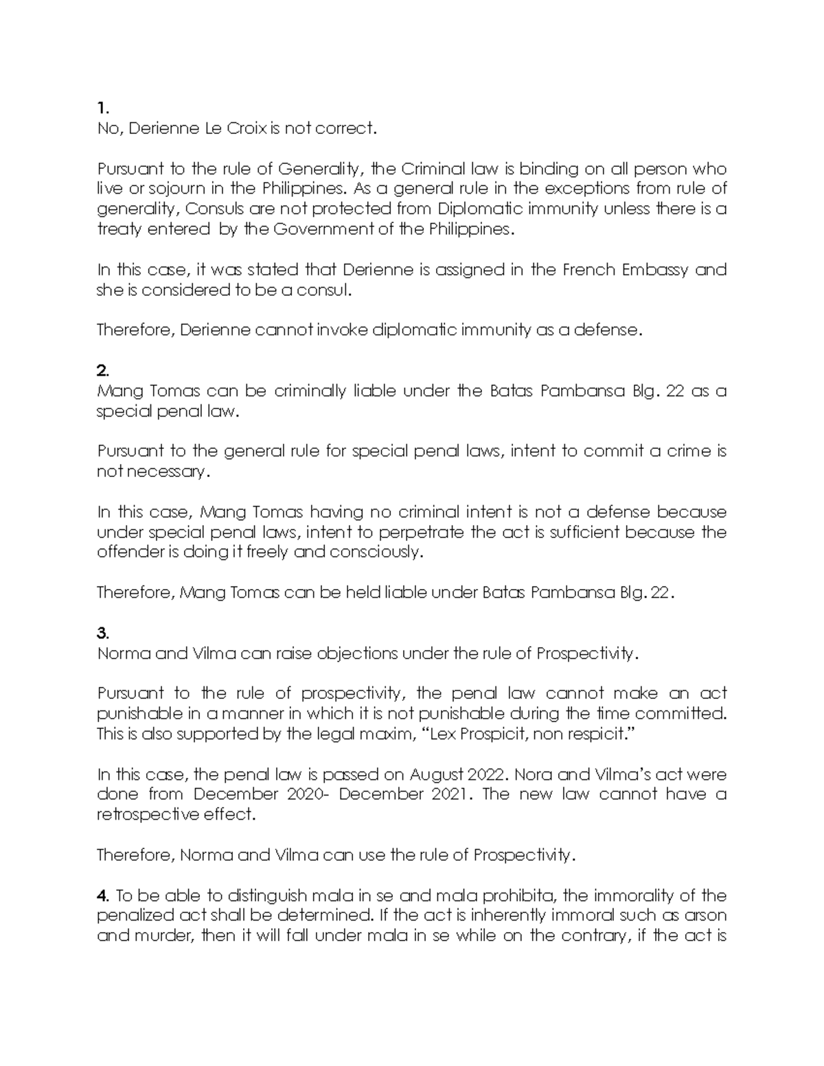 Crim quiz - crim law - 1. No, Derienne Le Croix is not correct ...