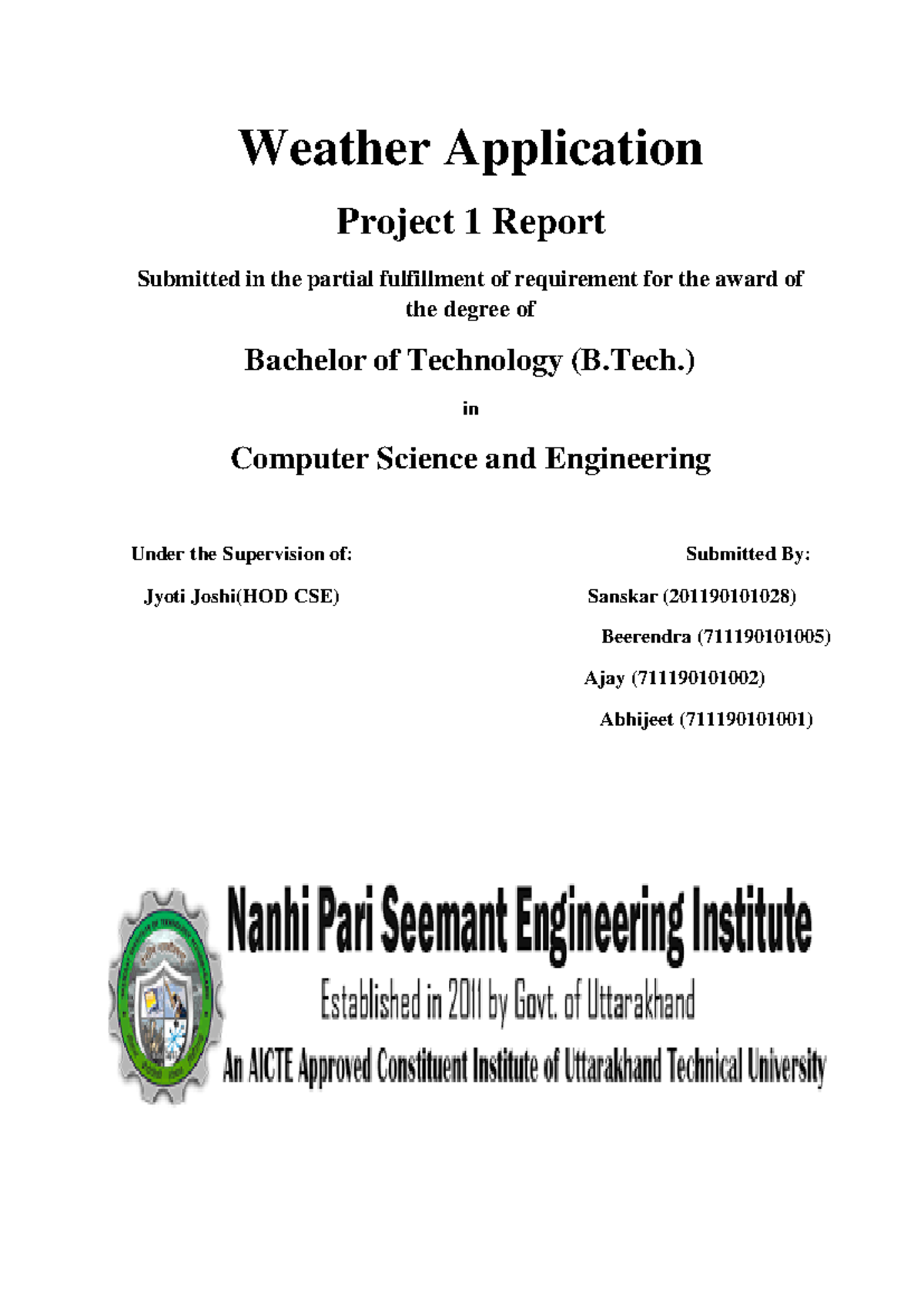 Weather re;port - Weather Application Project 1 Report Submitted in the partial fulfillment of ...