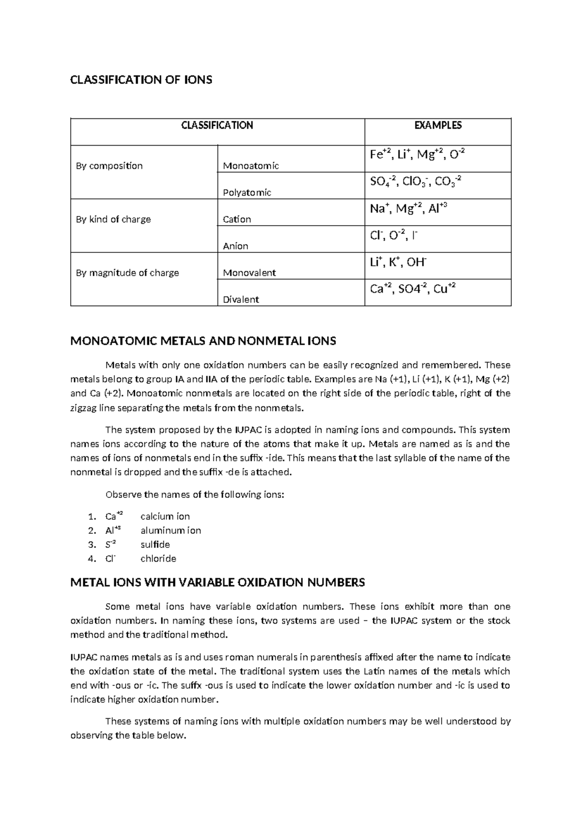 Naming-Compounds-Notes - CLASSIFICATION OF IONS CLASSIFICATION EXAMPLES ...