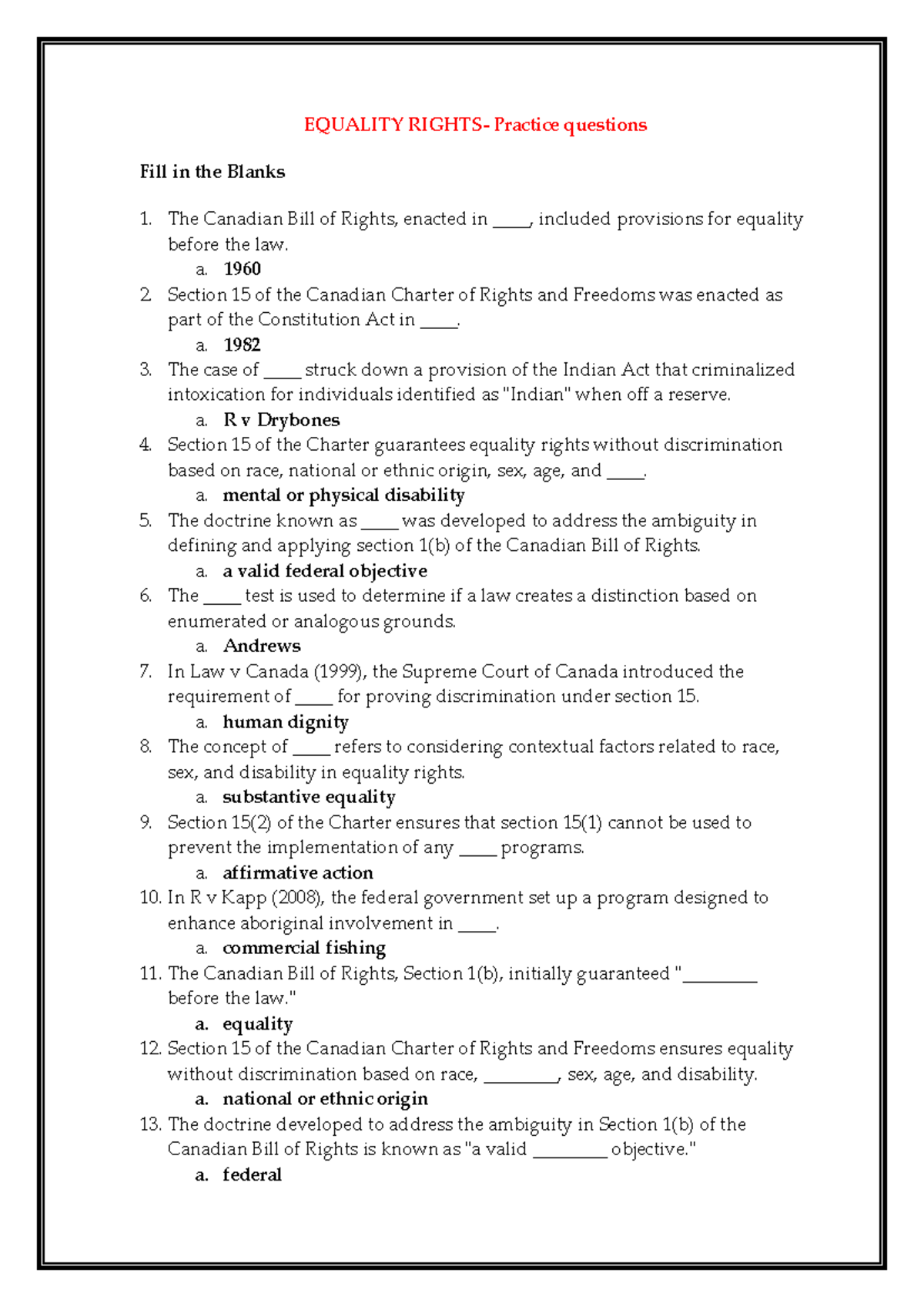 Equality Rights- Questions - EQUALITY RIGHTS- Practice questions Fill ...