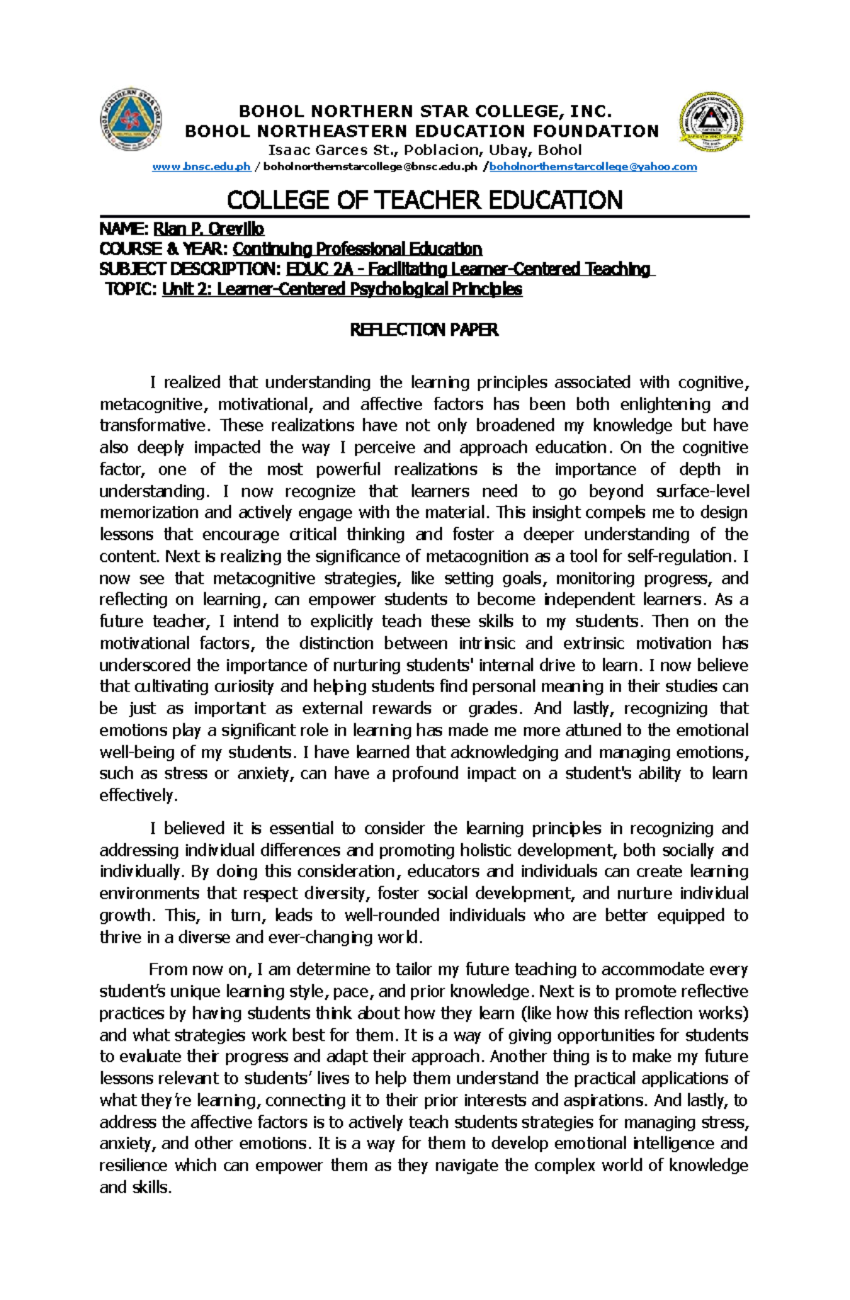 EDUC 2A reflection paper unit 2 - BOHOL NORTHERN STAR COLLEGE, INC ...