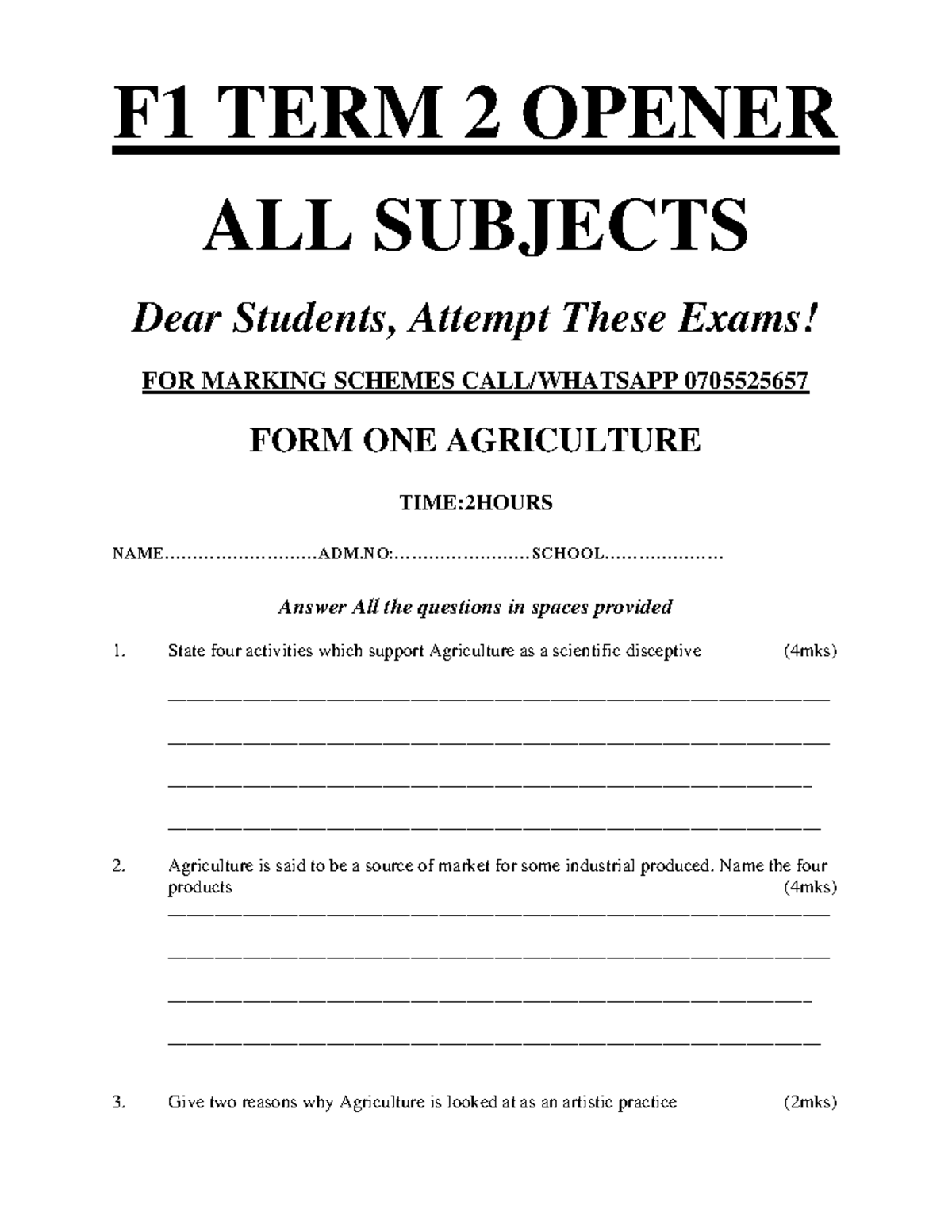 FORM 1 TERM 2 Opener 1 - Copy - F1 TERM 2 OPENER ALL SUBJECTS Dear ...