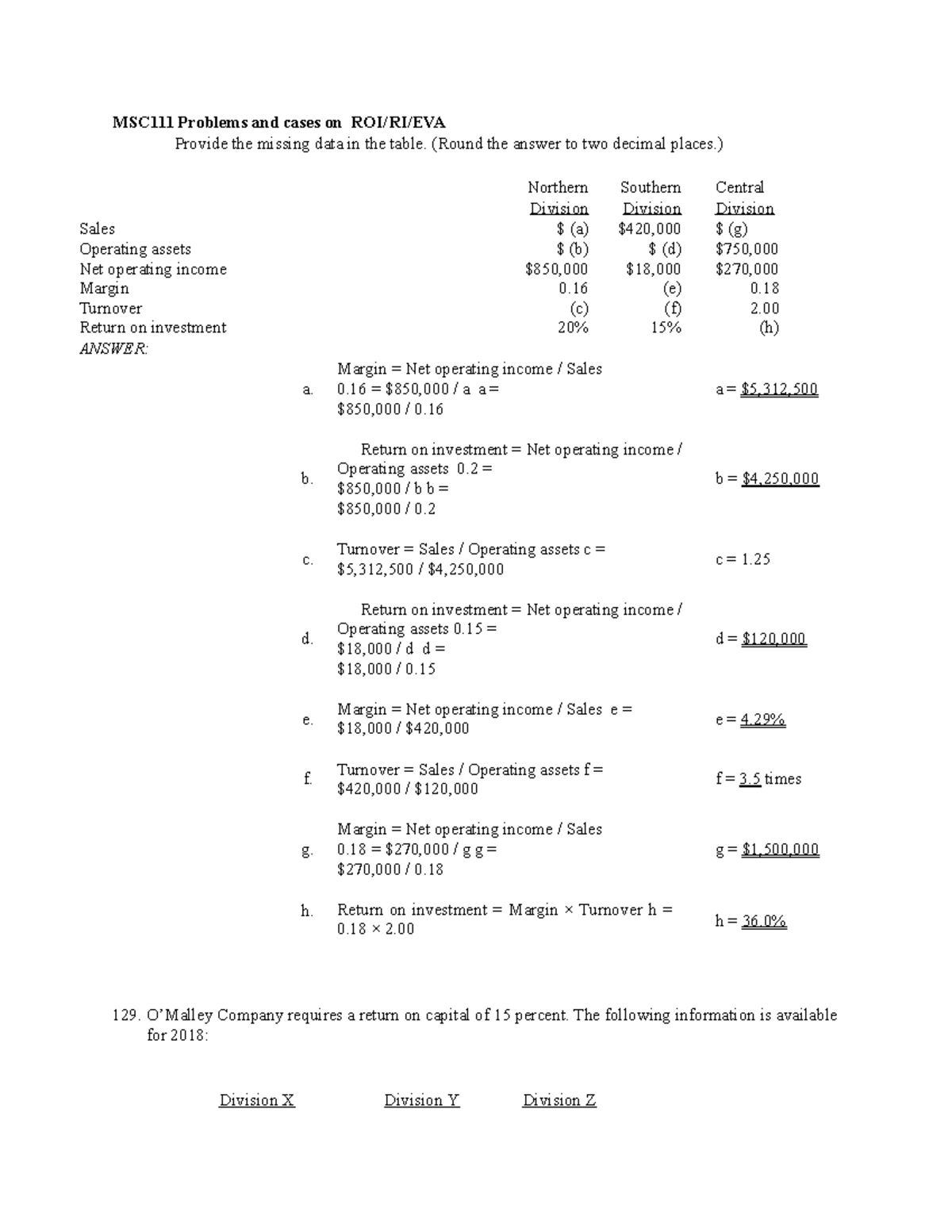 MSC111 Problems and cases on ROI - MSC111 Problems and cases on ROI/RI ...