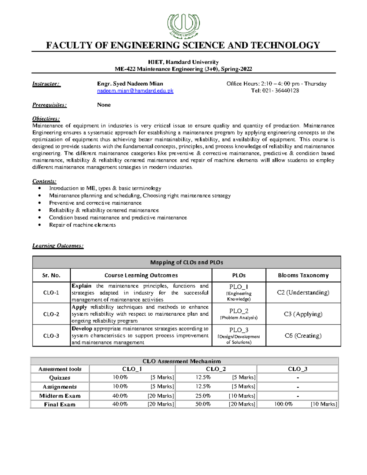 Old Curriculum Maint Engg- (3+0) CB-Spring 22 - FACULTY OF ENGINEERING ...