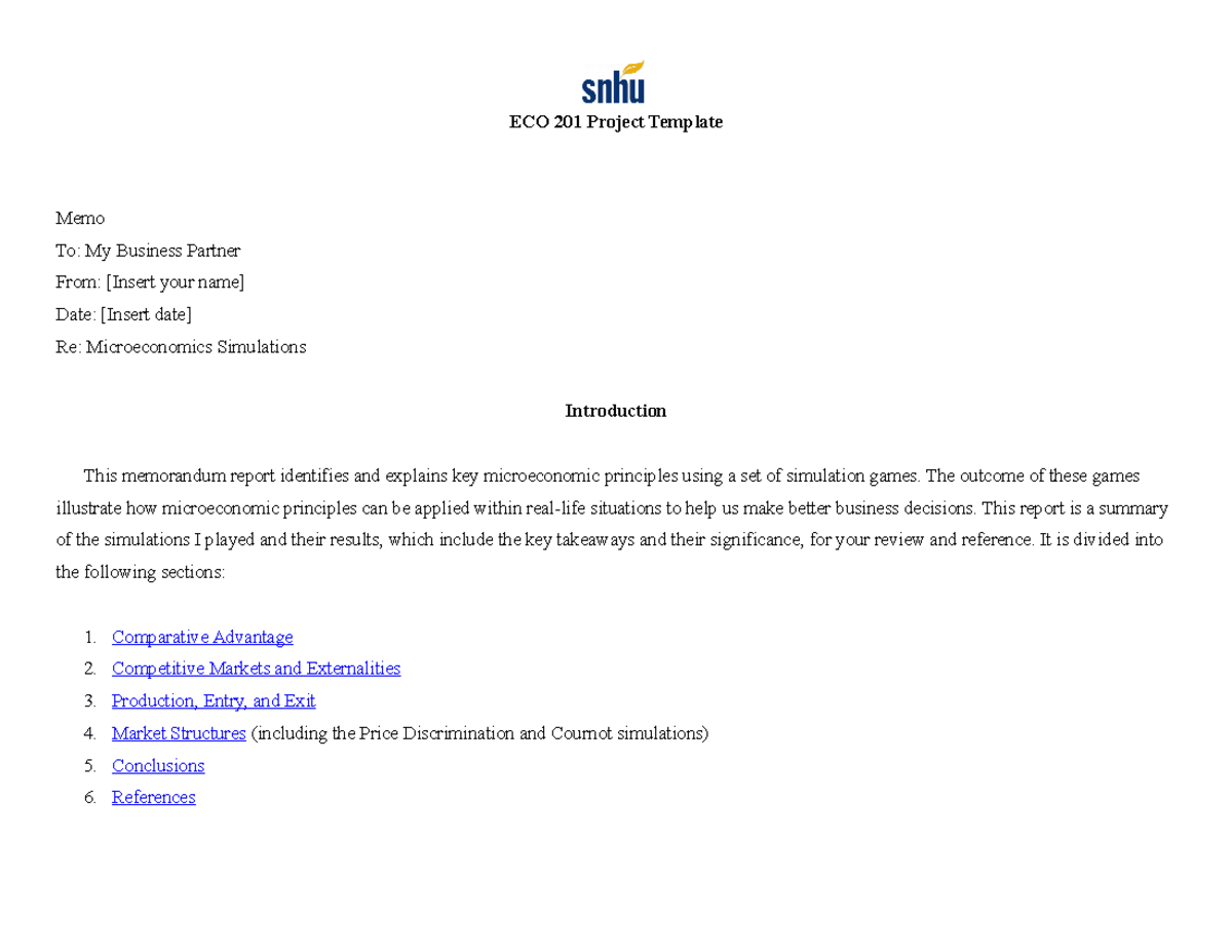 ECO 201 Projec - ECO 201 Project Template Memo To: My Business Partner ...