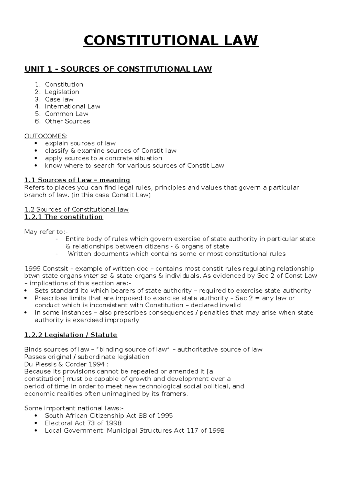 CSL2601-Summary-Notes - CONSTITUTIONAL LAW UNIT 1 - SOURCES OF ...