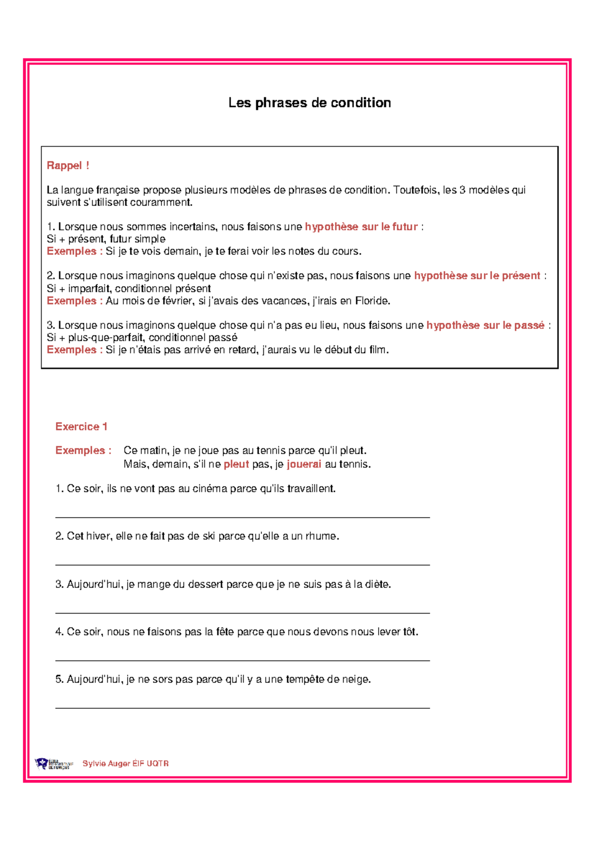 Hypotheses- Condition excerc (1) - Les phrases de condition Rappel! La ...