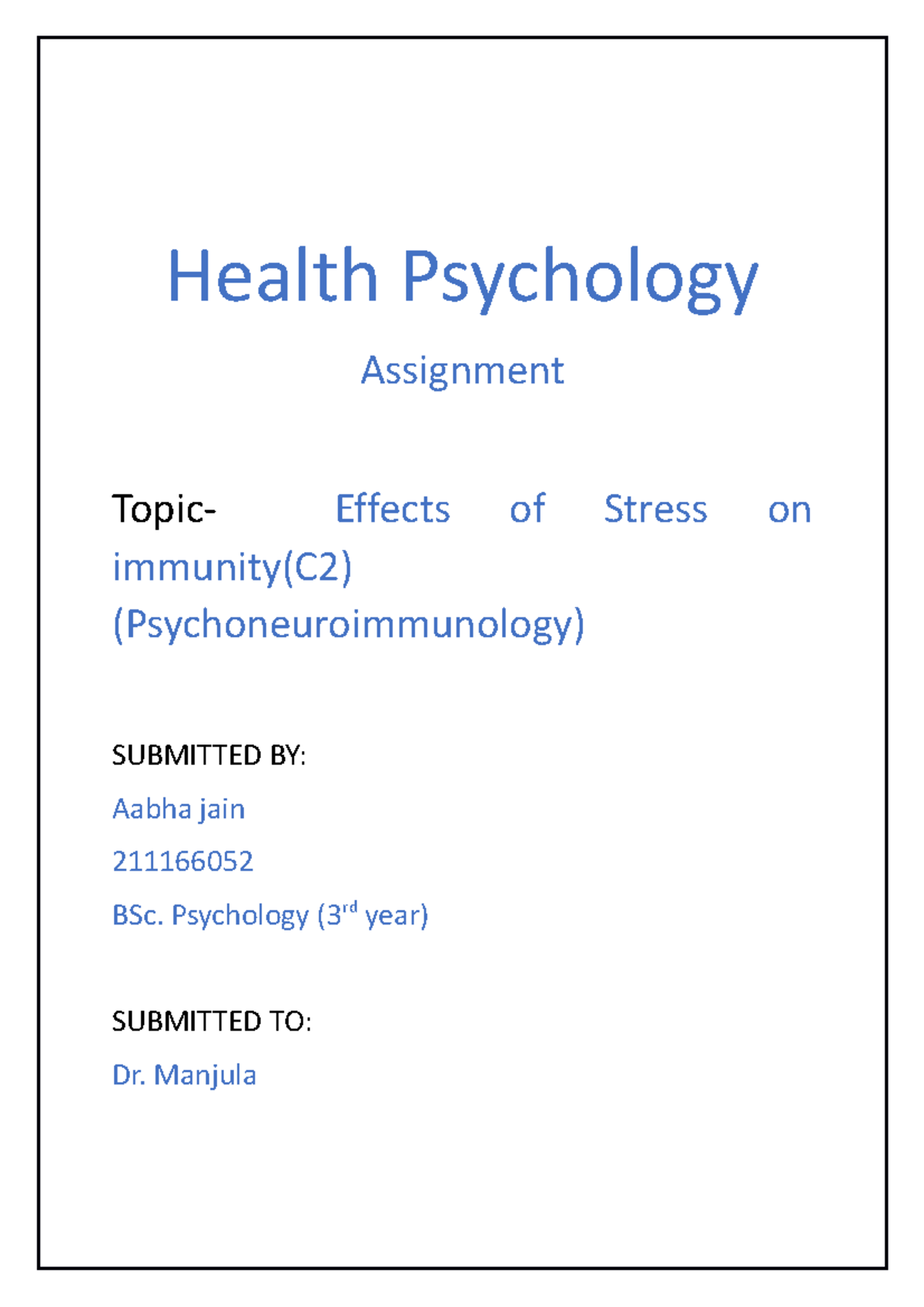 Psychoneuroimmunology and stress - Health Psychology Assignment Topic ...