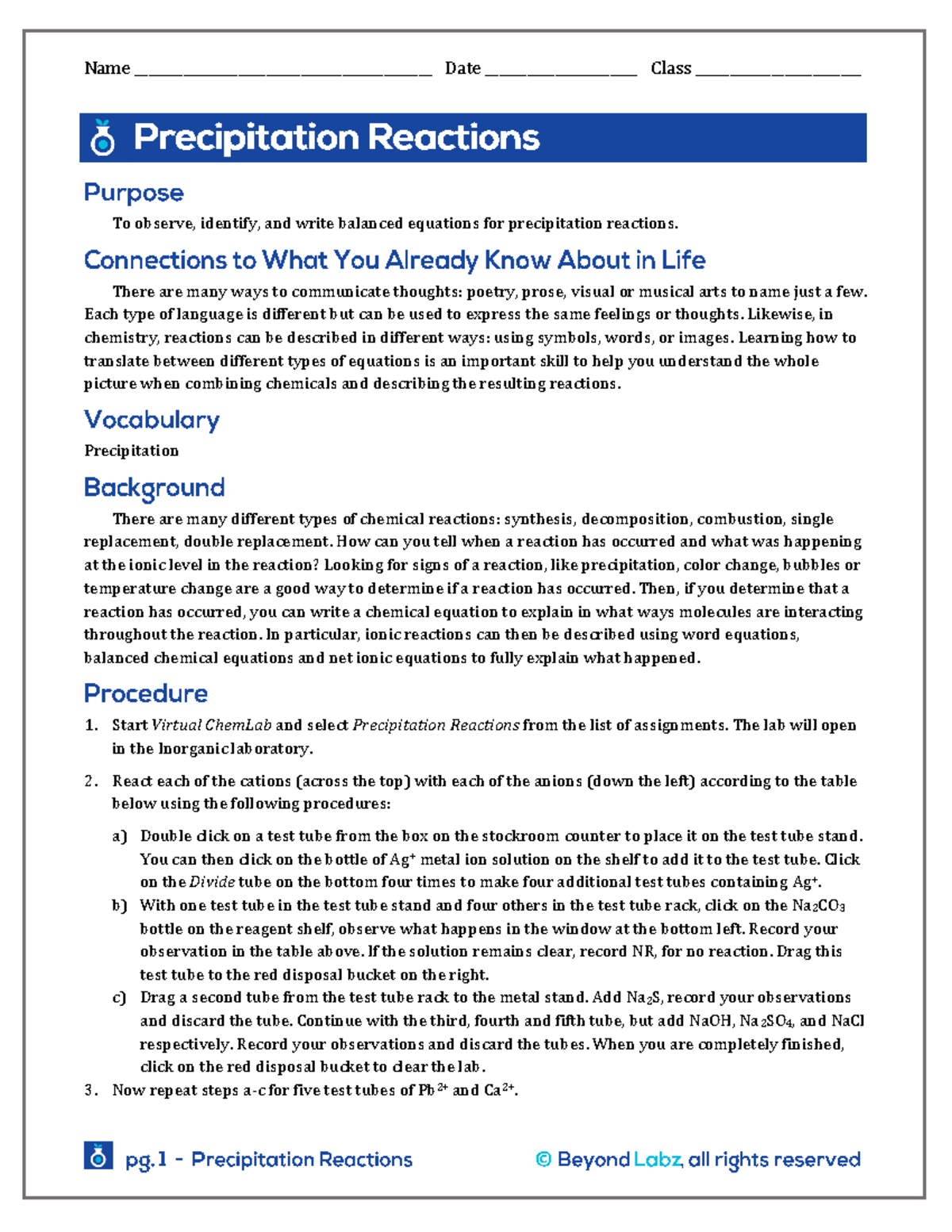 Introductory Chemistry Precipitation Reactions - Name