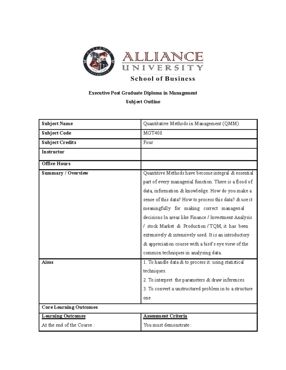 MGT408 - QMM - Course Outline - Executive Post Graduate Diploma in ...