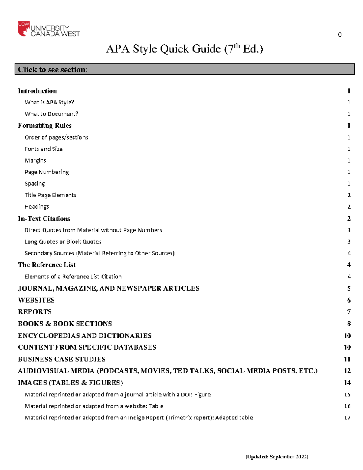 UCW Library APA Quick Guide 7th Ed - th Ed.) - APA Style Quick Guide ...