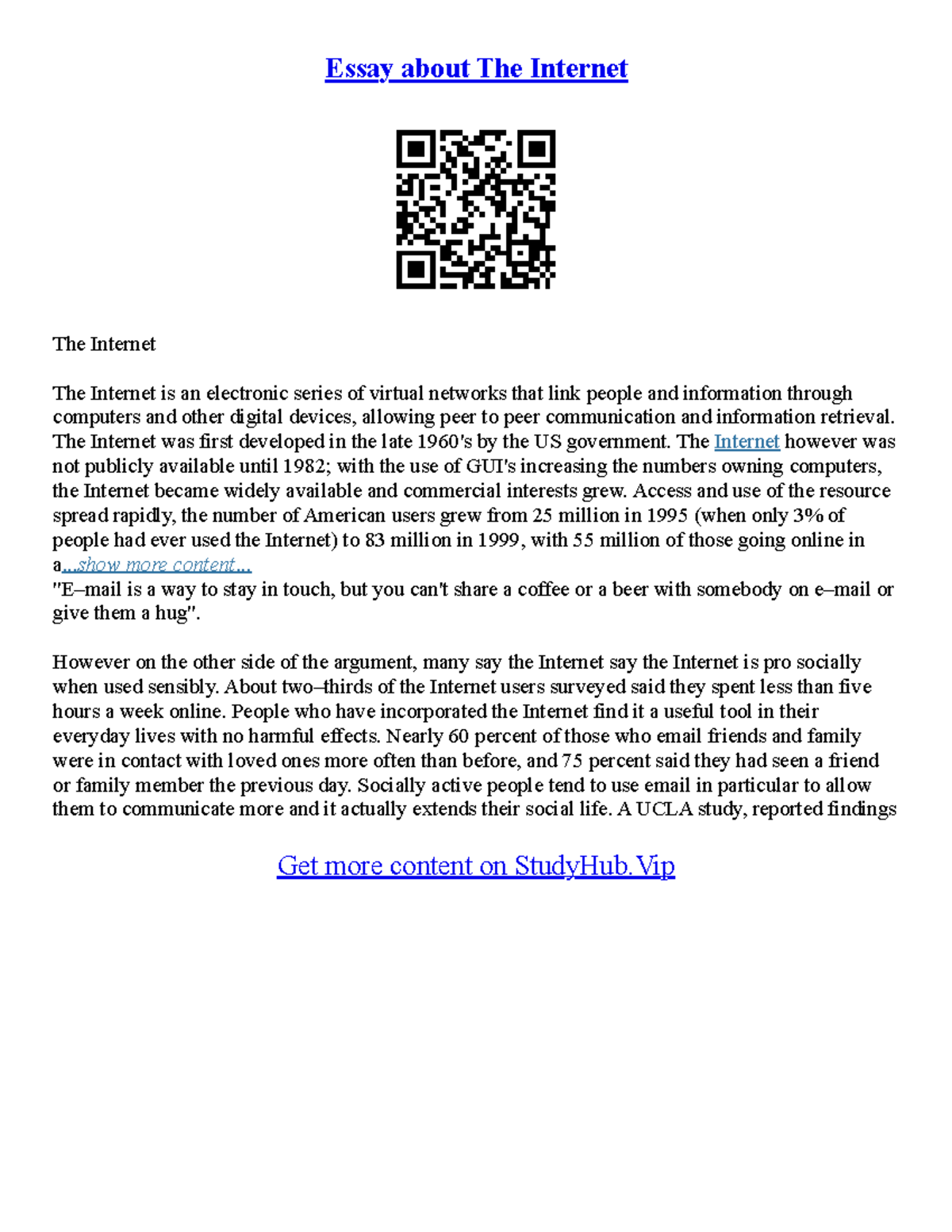Essay For Internet - Essay about The Internet The Internet The Internet ...