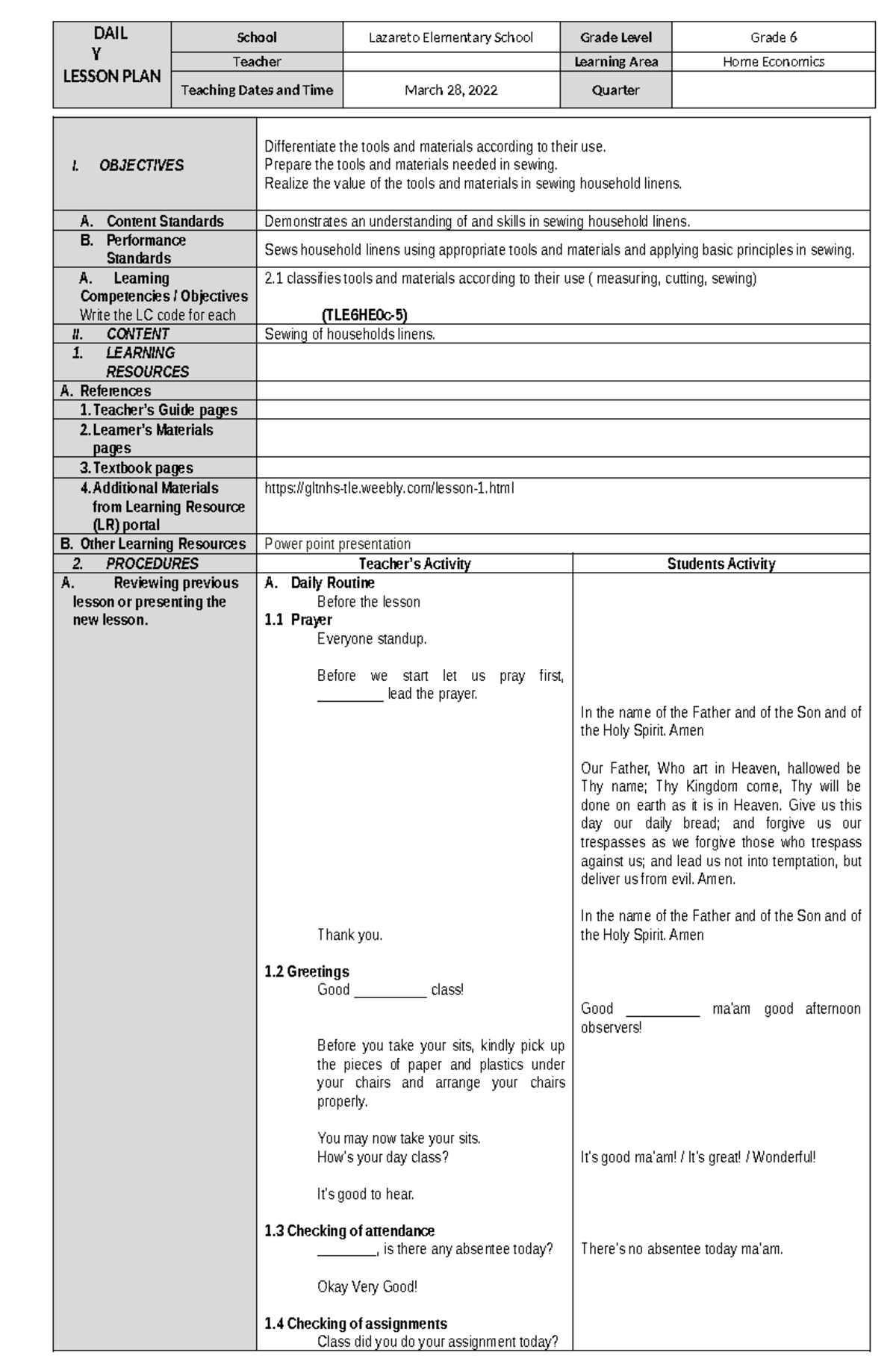 Sewing of households linens - Y LESSON PLAN School Lazareto Elementary ...