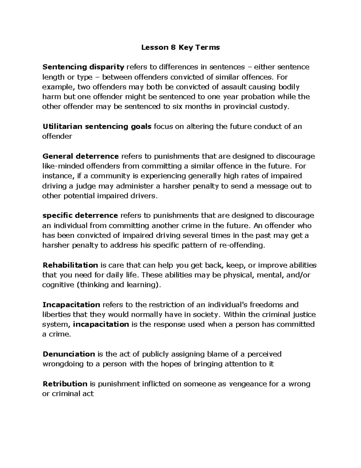 Lesson 8 Notes - Lesson 8 Key Terms Sentencing disparity refers to ...