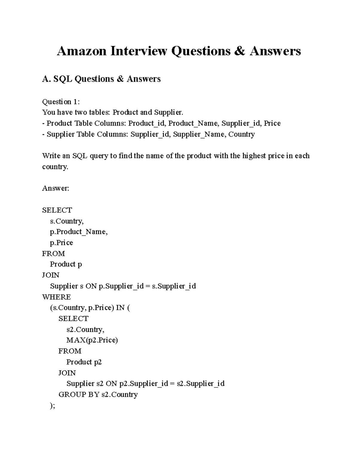 Amazon Interview Questions & Answers - Amazon Interview Questions & Answers A. SQL Questions ...