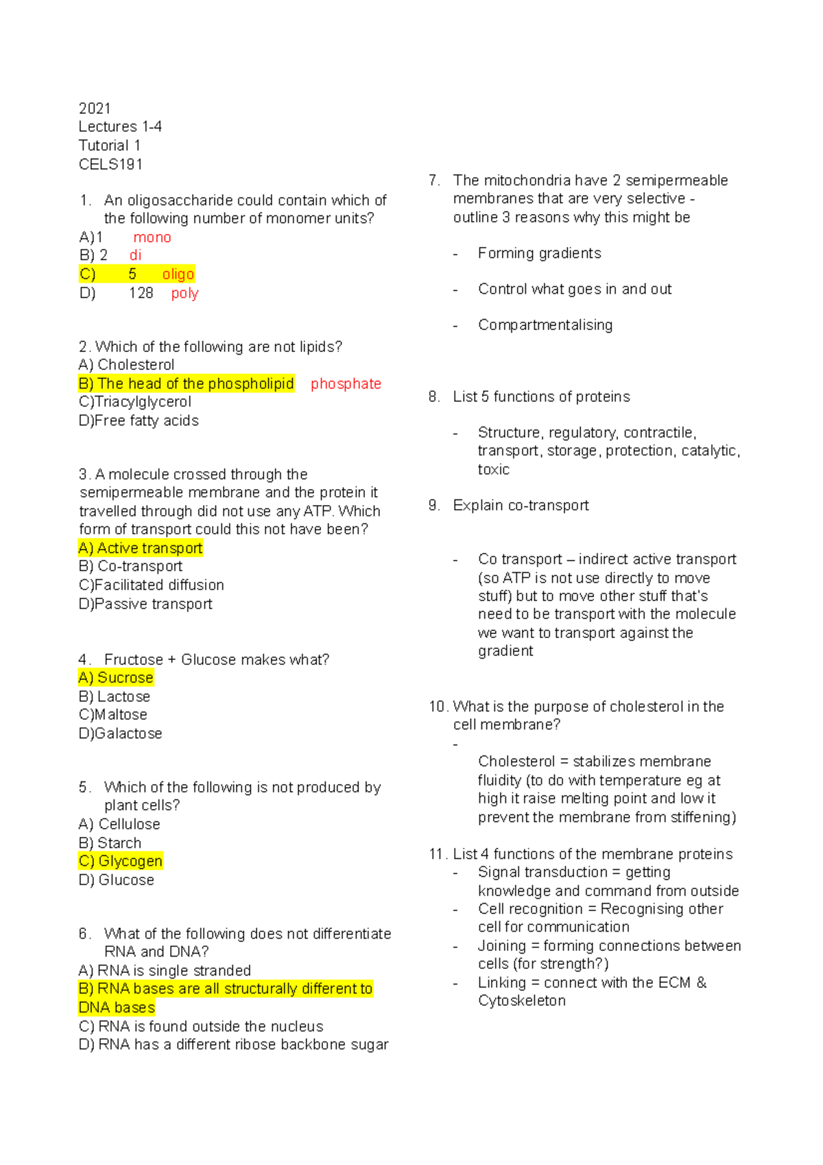 CELS 191 Tutorial 1 Carry 2021 - 2021 Lectures 1- Tutorial 1 CELS An oligosaccharide could ...