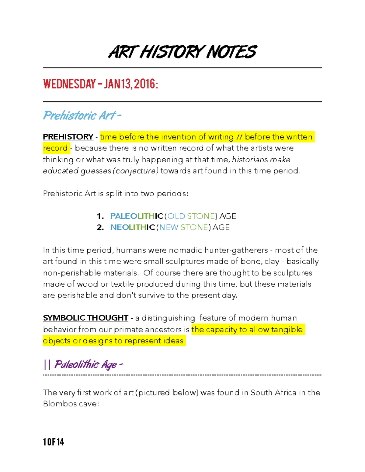 Art History - Prehistoric - ART HISTORY NOTES Wednesday Jan 13, 2016 ...