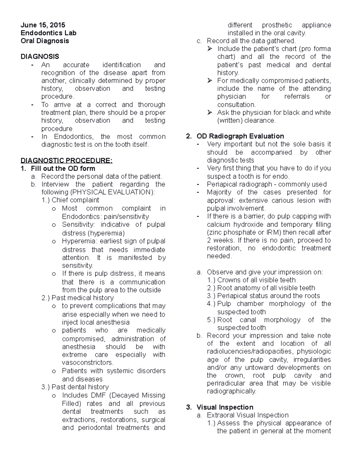 Endo - Oral Diagnosis - June 15, 2015 Endodontics Lab Oral Diagnosis ...