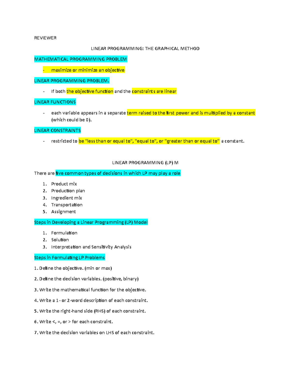Reviewer Genmath - LINEAR PROGRAMMING: THE GRAPHICAL METHOD - REVIEWER ...