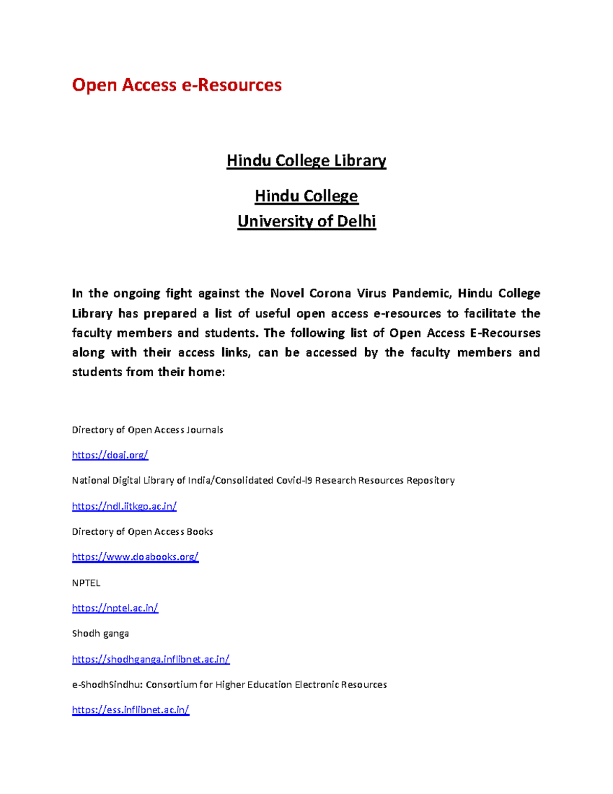 Open Source - Open Access e-Resources Hindu College Library Hindu ...