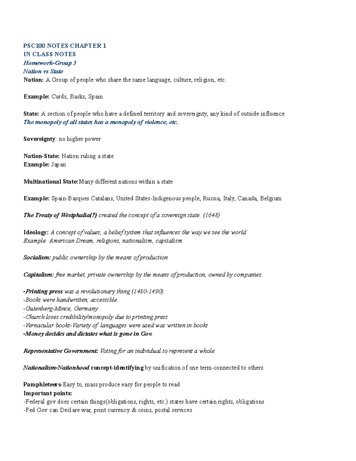 PSC100 Notes - PSC100 NOTES CHAPTER 1 IN CLASS NOTES Homework-Group 3 ...