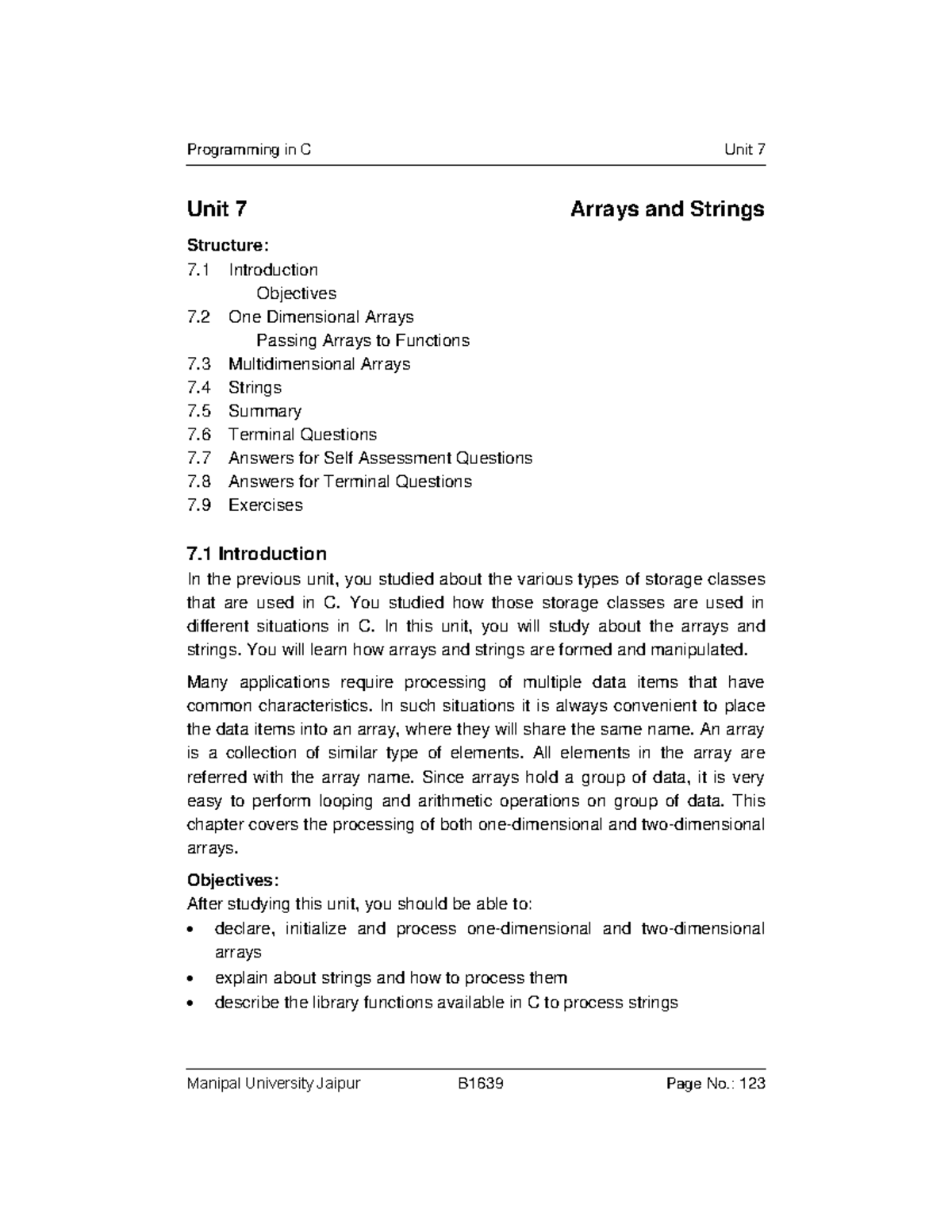 Unit 07 Arrays And Strings Unit 7 Arrays And Strings Structure 7