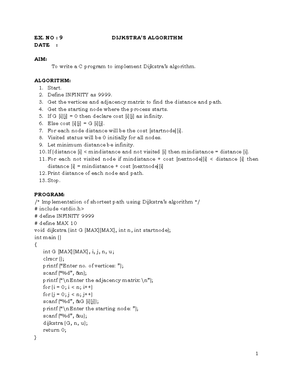 Ds Lab Ex No 9 Ds Lab Manual 1 Ex No 9 Dijkstra S Algorithm