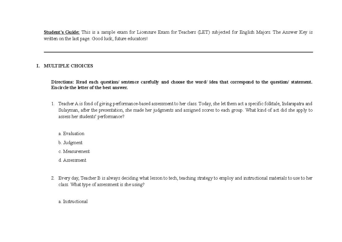 Professional Education Sample EXAM - Student’s Guide: This is a sample ...