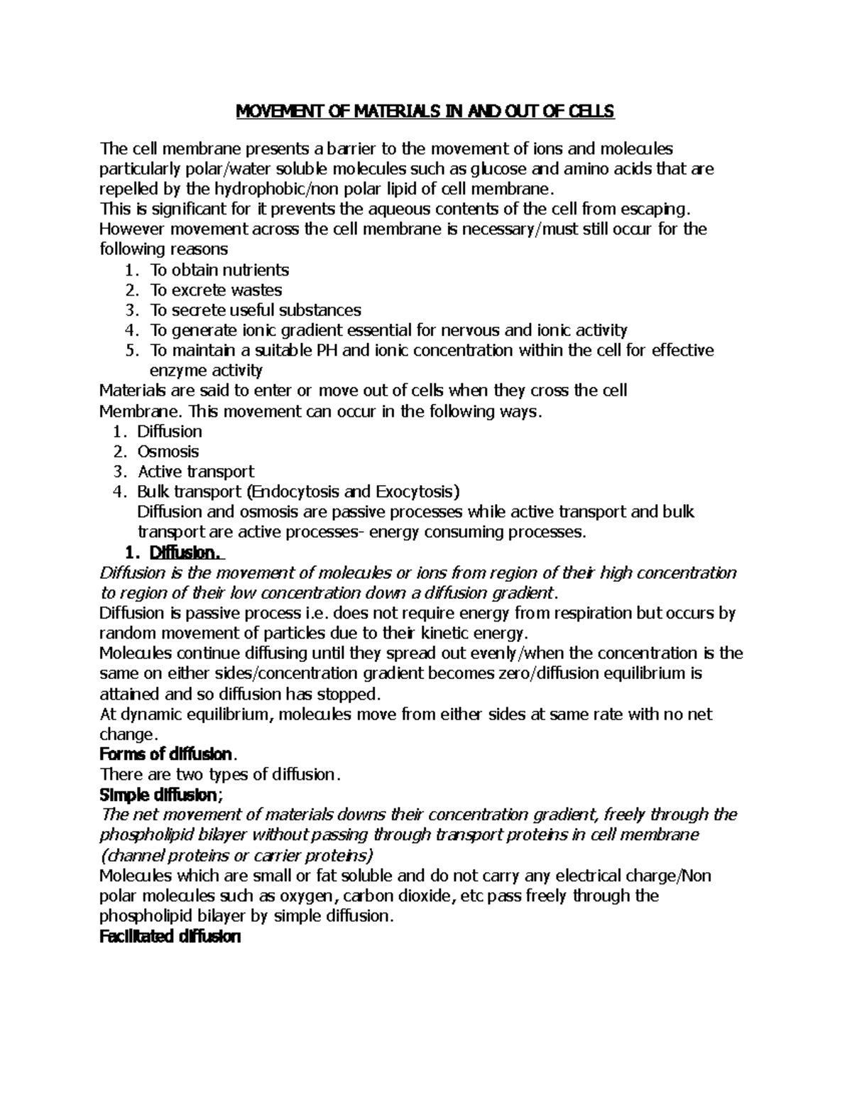 Movement IN AND OUT OF Cells - MOVEMENT OF MATERIALS IN AND OUT OF ...
