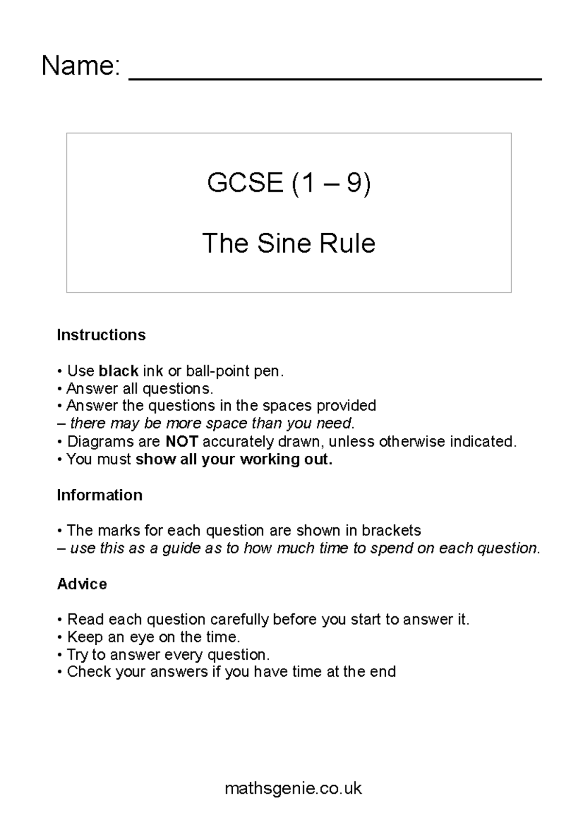 7-sine-rule - maths paper - GCSE (1 – 9) The Sine Rule Name