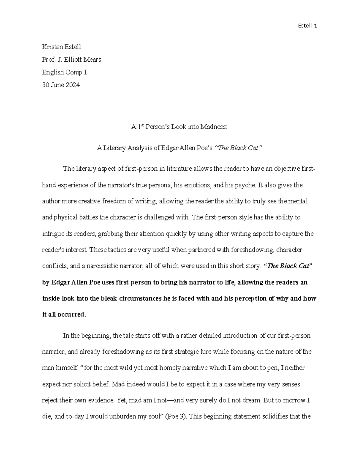 A st Person's Look Into Madness - Estell 1 Kristen Estell Prof. J ...
