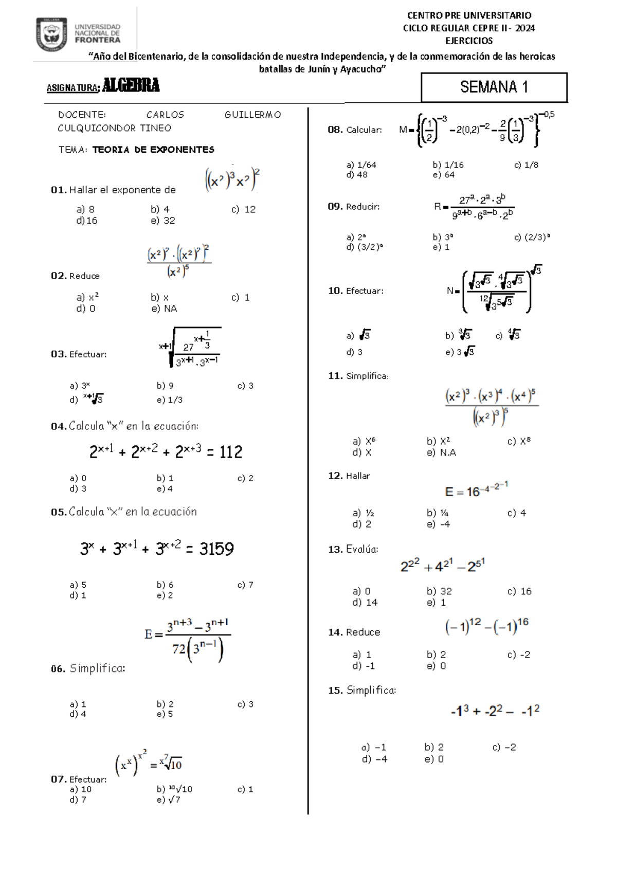 Practica Semana 1 Algebra - ASIGNATURA: ALGEBRA CENTRO PRE ...