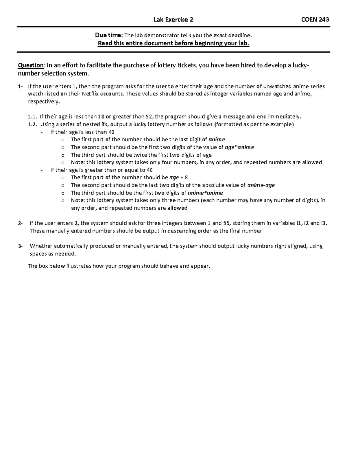 4-Lab2Friday - LABS - Lab Exercise 2 COEN 243 Due time: The lab demonstrator tells you the exact ...