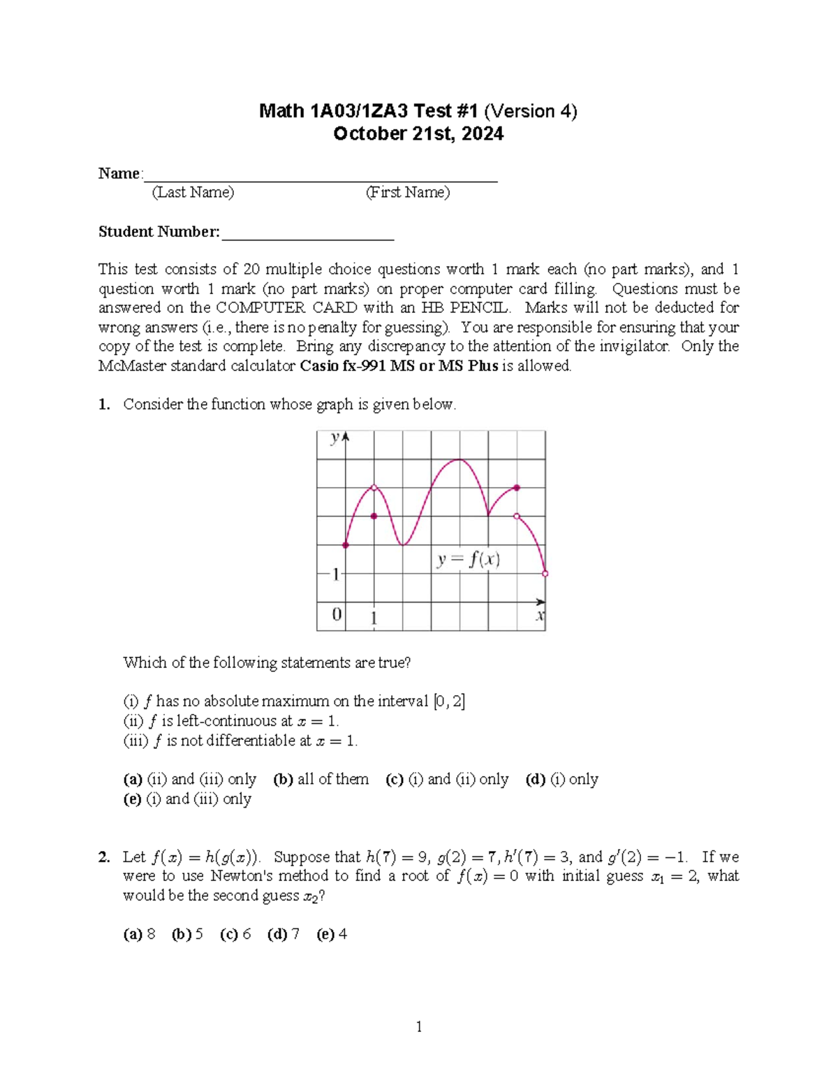 MATH 1ZA3 - Test 1 - Version 4 - Math 1A03/1ZA3 Test #1 (Version 4 ...