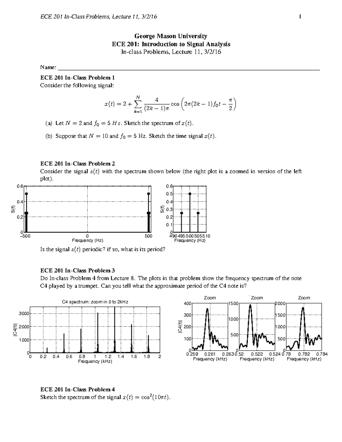 Problems In-class Lecture 11 - ECE 201 Problems, Lecture 11, 1 George ...