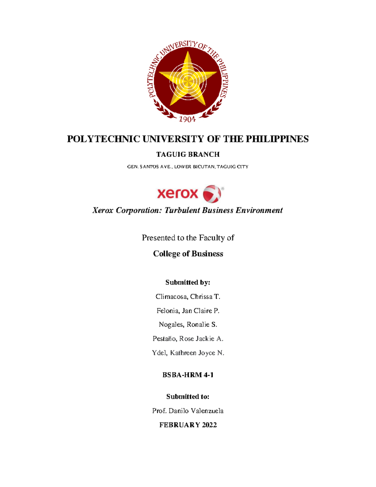 Xerox Corporation CASE Study Group 2 BSBA HR4 - POLYTECHNIC UNIVERSITY ...